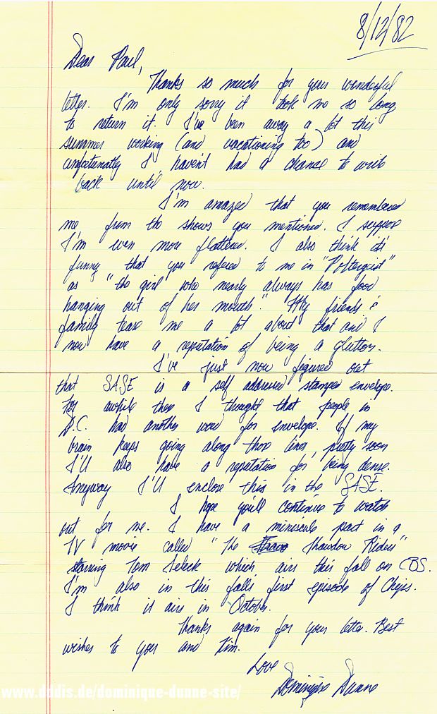 The Dominique Dunne Site - Dominique replies to fan mail